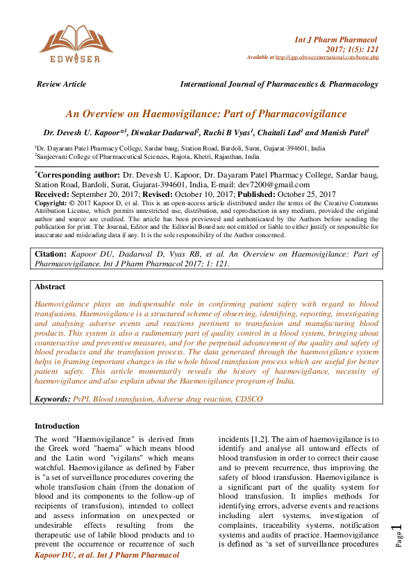 (PDF) An Overview on Haemovigilance: Part of Pharmacovigilance