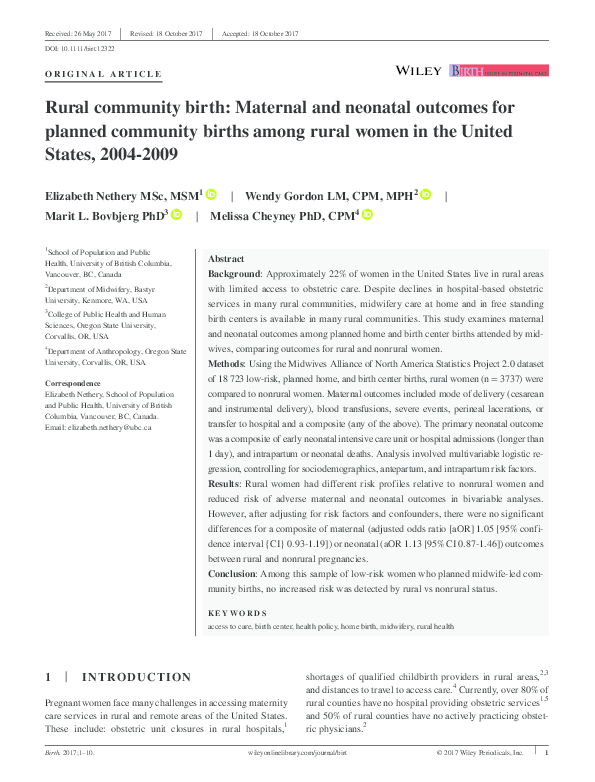 (PDF) Rural community birth: Maternal and neonatal outcomes for planned ...