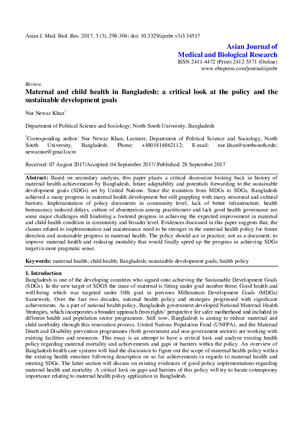 (PDF) Maternal and child health in Bangladesh: a critical look at the ...