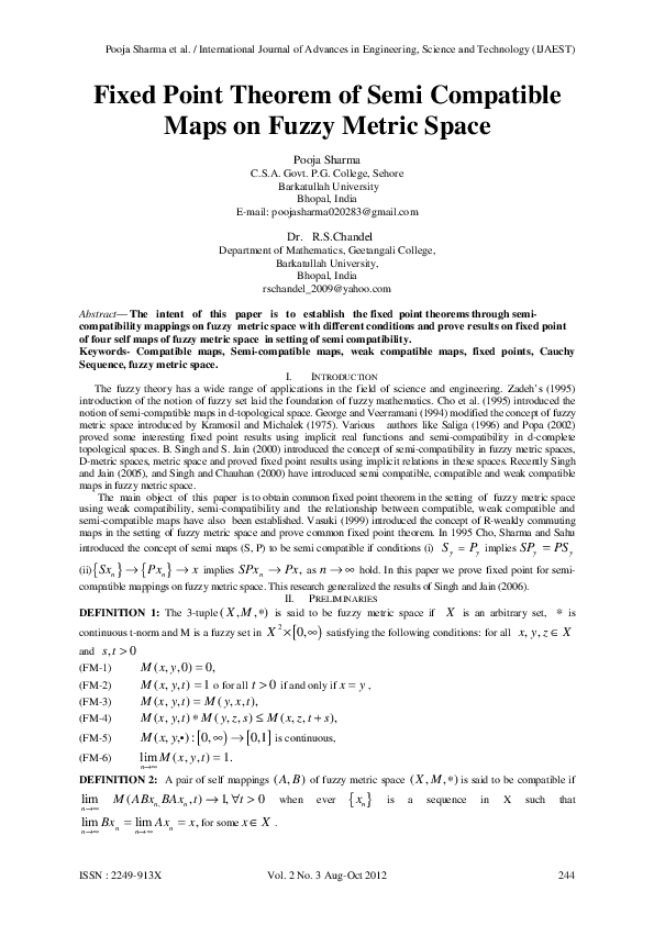 (PDF) Fixed Point Theorem of Semi Compatible Maps on Fuzzy Metric Space