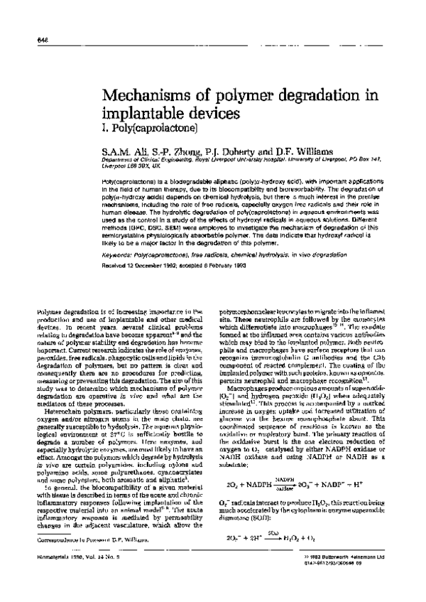(PDF) Mechanisms of polymer degradation in implantable devices