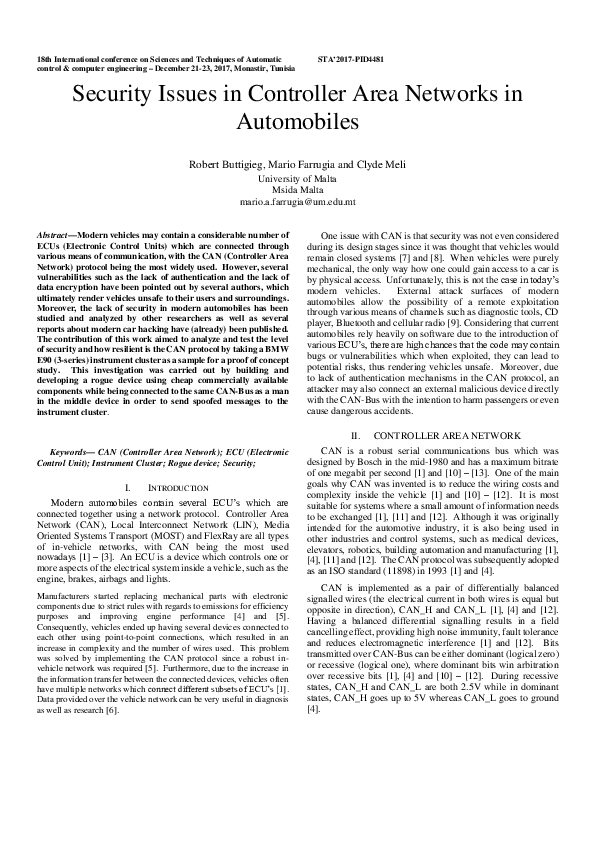 (PDF) Security Issues in Controller Area Networks in Automobiles