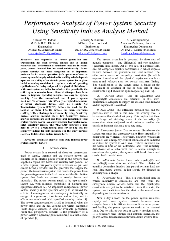 Pdf Performance Analysis Of Power System Security Using Sensitivity