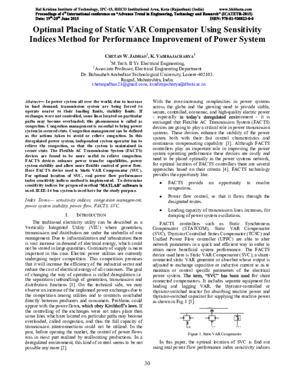 Pdf Optimal Placing Of Static Var Compensator Using Sensitivity