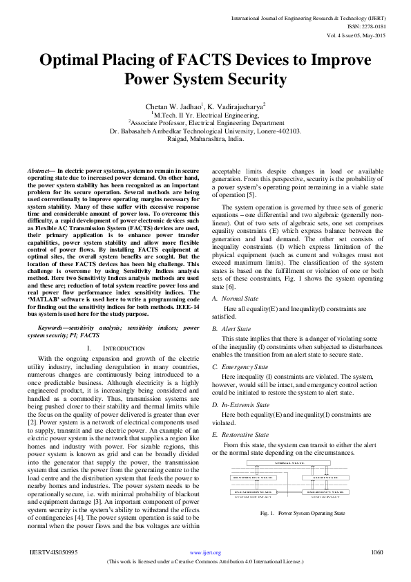 Pdf Optimal Placing Of Facts Devices To Improve Power System Security