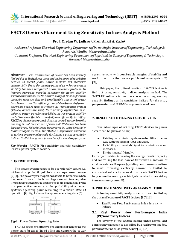 (PDF) FACTS Devices Placement Using Sensitivity Indices Analysis Method