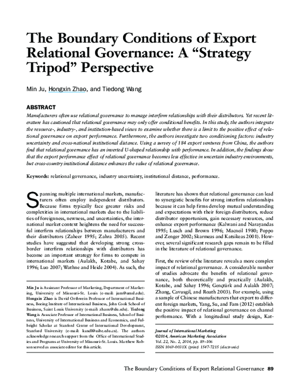 (PDF) The Boundary Conditions of Export Relational Governance: A ...