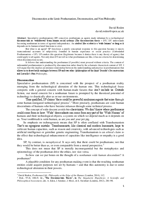 (PDF) Disconnection at the Limit: Posthumanism, Deconstruction and Non ...