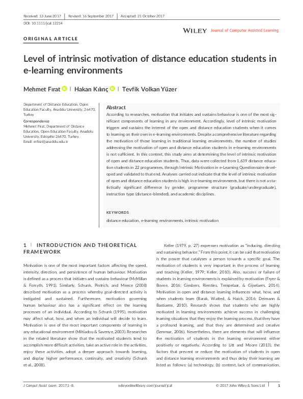 (PDF) Level of intrinsic motivation of distance education students in e ...