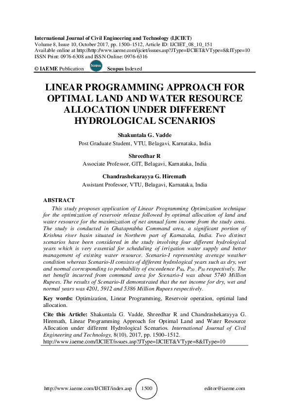 (PDF) LINEAR PROGRAMMING APPROACH FOR OPTIMAL LAND AND WATER RESOURCE ALLOCATION UNDER DIFFERENT ...