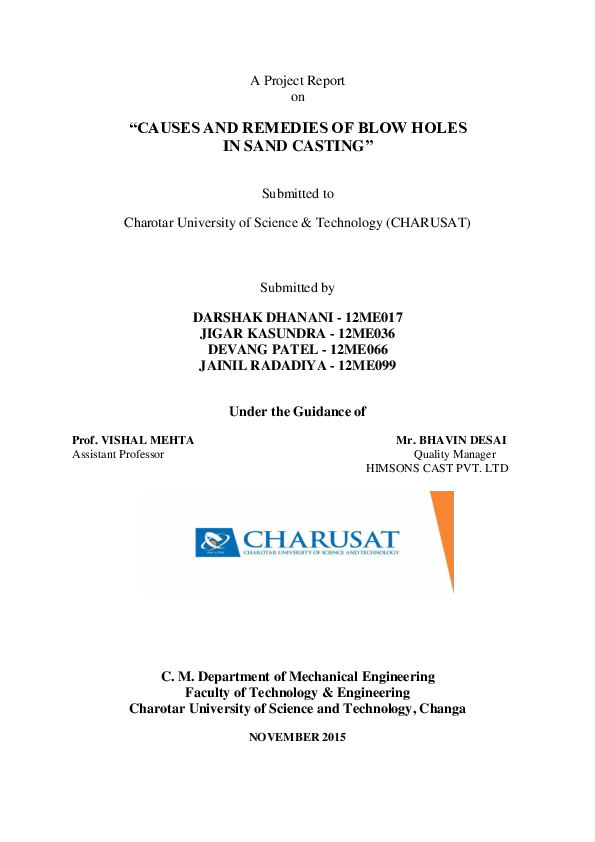 (PDF) " CAUSES AND REMEDIES OF BLOW HOLES IN SAND CASTING