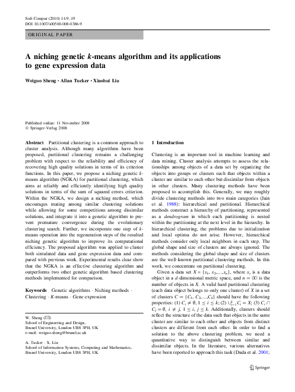 (PDF) A niching genetic k-means algorithm and its applications to gene expression data