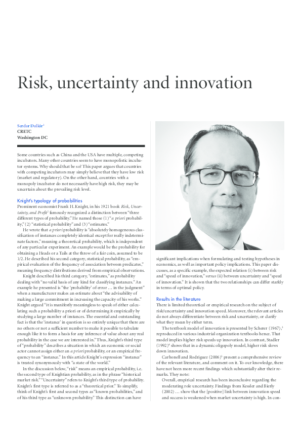 (PDF) Risk, uncertainty and innovation