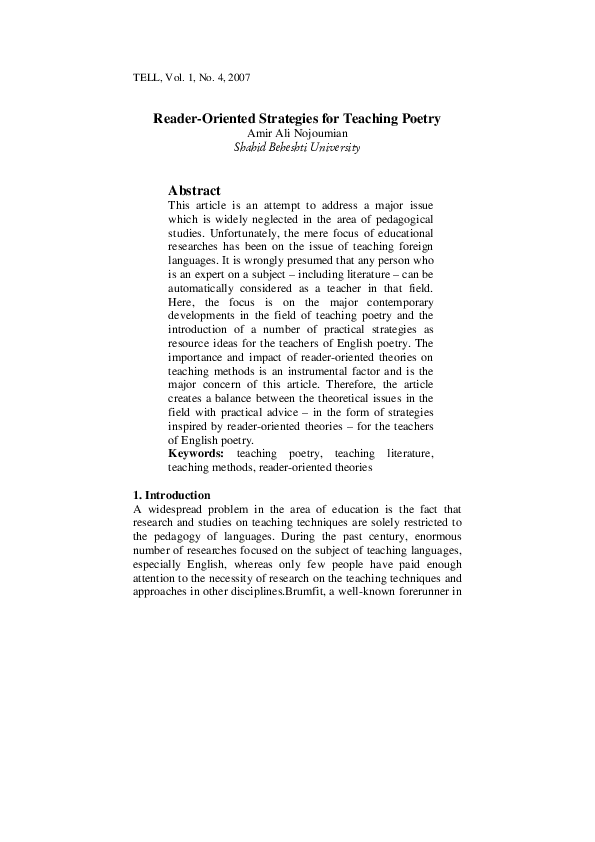 (PDF) Reader-Oriented Strategies for Teaching Poetry