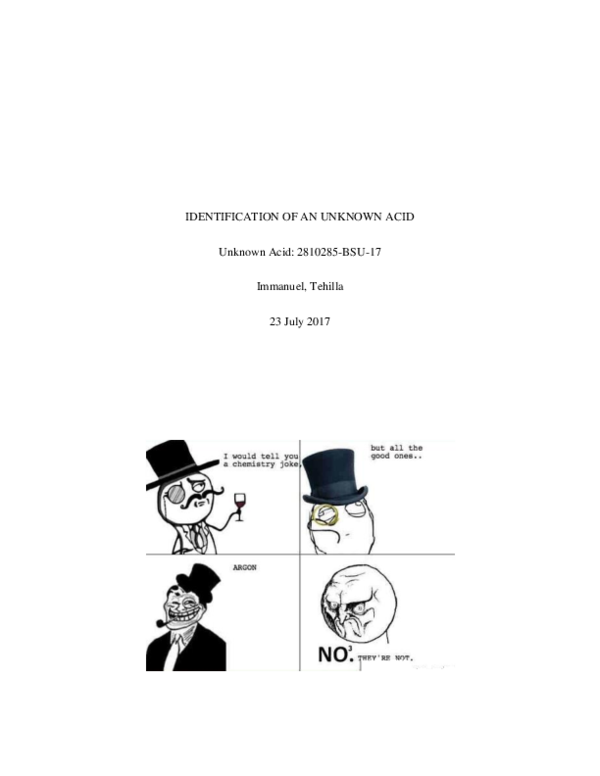 (DOC) IDENTIFICATION OF AN UNKNOWN ACID - Chem 1211 Lab Report