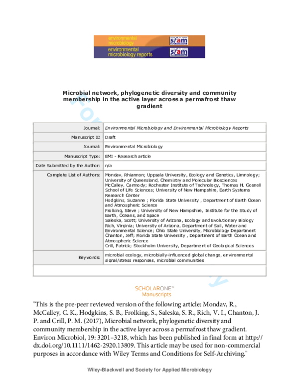 (PDF) Microbial network, phylogenetic diversity and community membership in the active layer ...