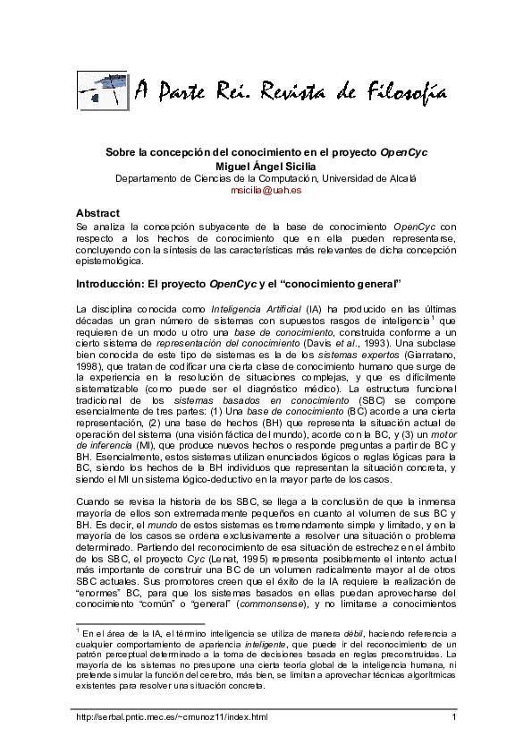 (PDF) Sobre la concepción del conocimiento en el proyecto OpenCyc