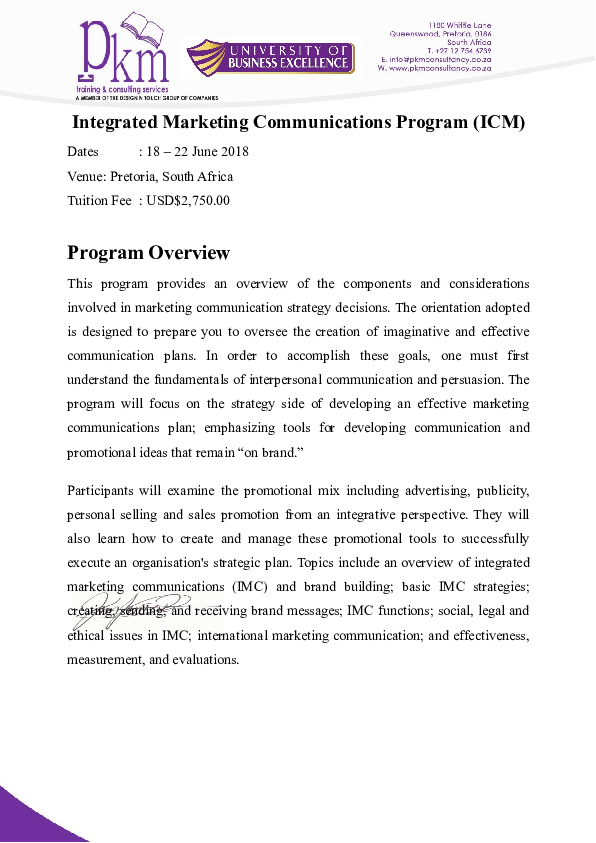 (DOC) Integrated Marketing Communications Program (ICM) Program Overview