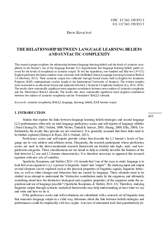 (PDF) THE RELATIONSHIP BETWEEN LANGUAGE LEARNING BELIEFS AND SYNTACTIC COMPLEXITY