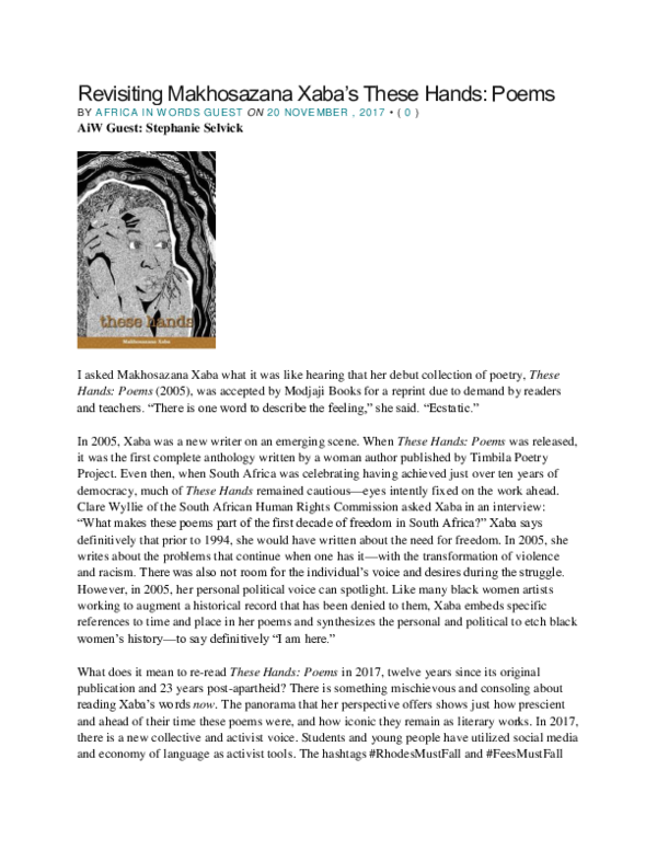 (PDF) Revisiting Makhosazana Xaba’s These Hands: Poems