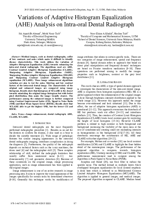 Pdf Variations Of Adaptive Histogram Equalization Ahe Analysis On Intra Oral Dental Radiograph