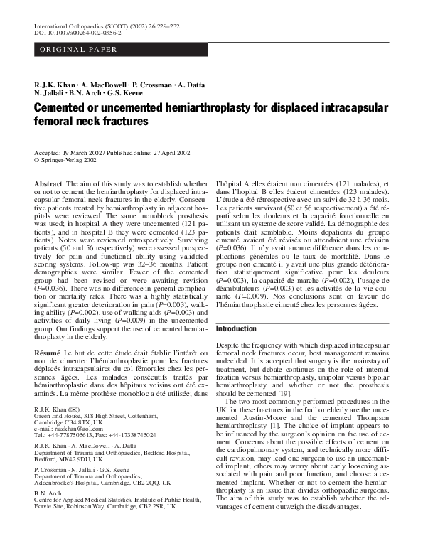 (PDF) Cemented or uncemented hemiarthroplasty for displaced ...