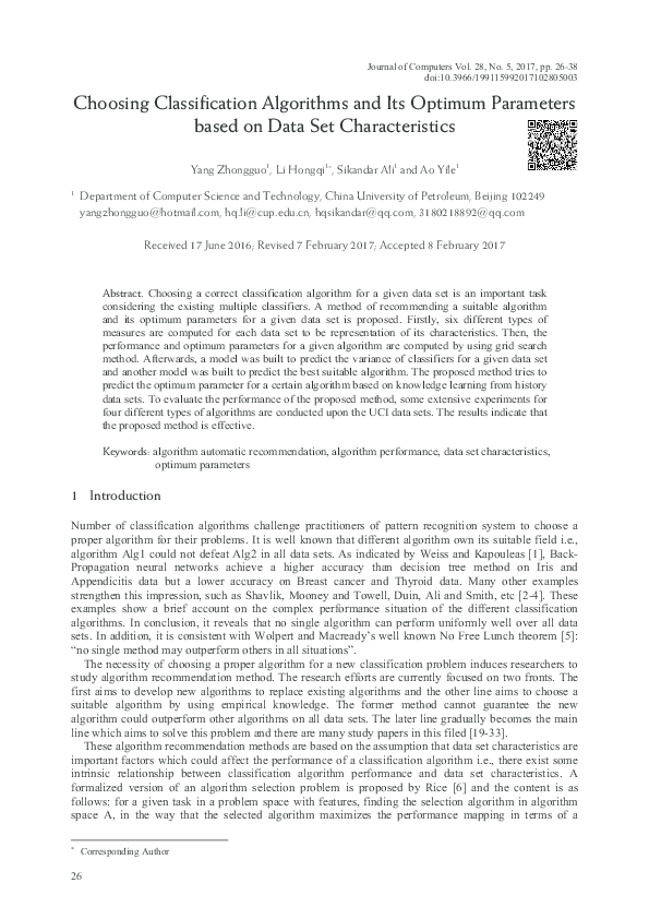 Pdf Choosing Classification Algorithms And Its Optimum Parameters
