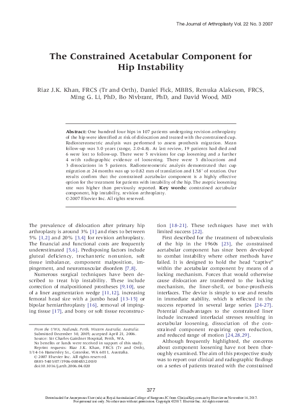 (PDF) The Constrained Acetabular Component for Hip Instability