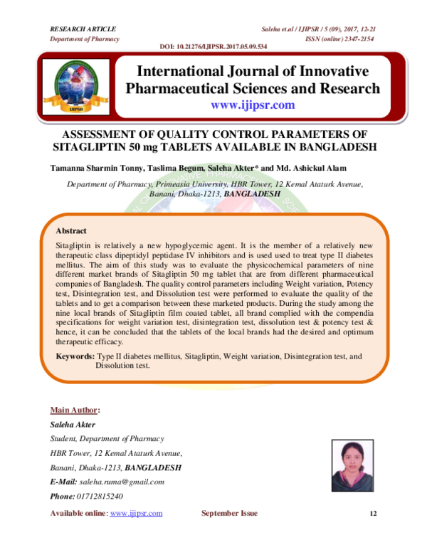 (PDF) ASSESSMENT OF QUALITY CONTROL PARAMETERS OF SITAGLIPTIN 50 mg ...