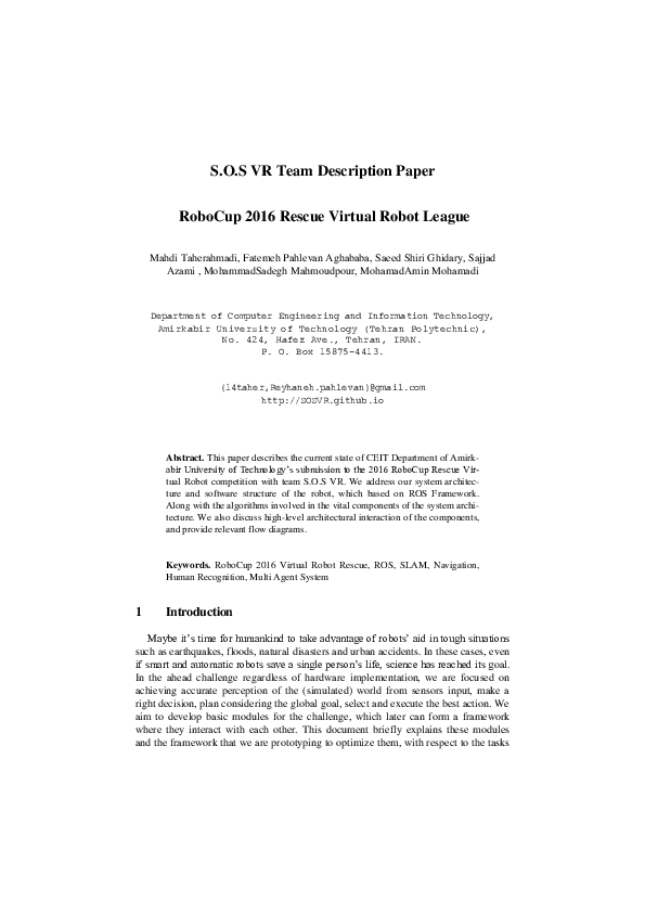 (PDF) S.O.S VR Team Description Paper RoboCup 2016 Rescue Virtual Robot League