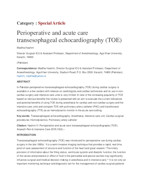 (PDF) Perioperative and acute care transesophageal echocardiography (TOE