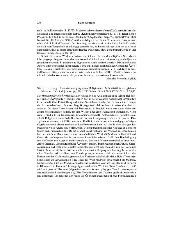 (PDF) Review of Stauth, Georg: Herausforderung Ägypten. Religion und ...