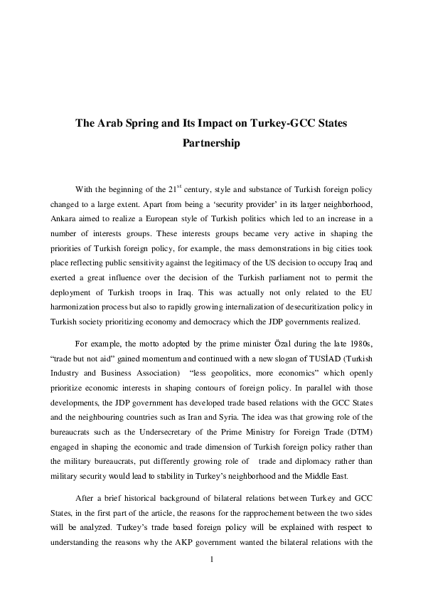 (PDF) The Arab Spring and Its Impact on Turkey-GCC States