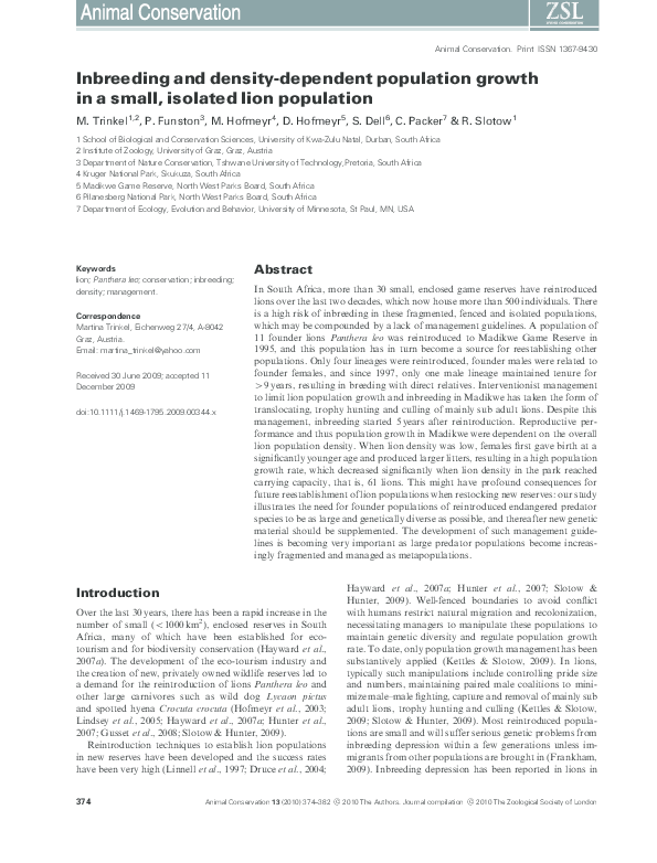(PDF) Inbreeding and density-dependent population growth in a small ...