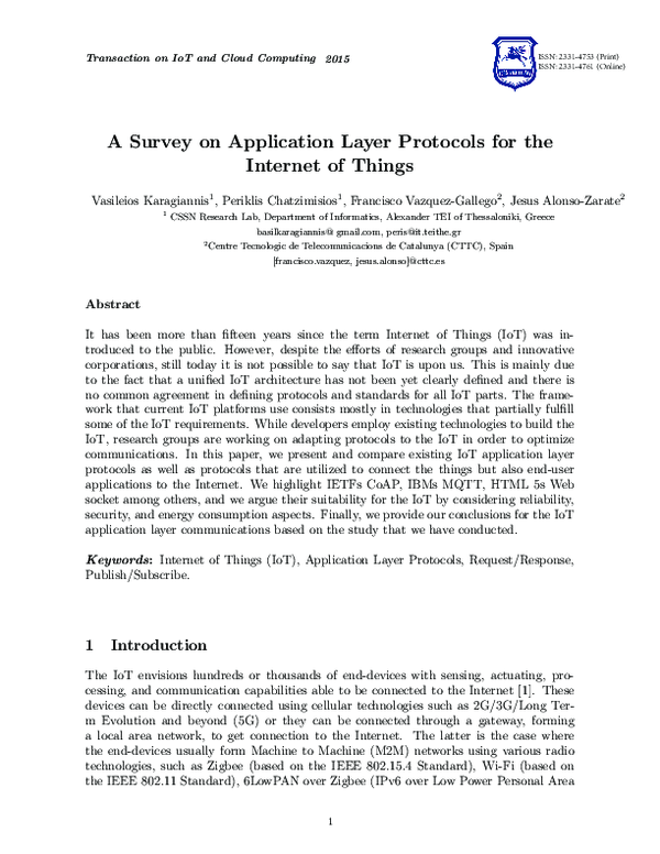 Pdf A Survey On Application Layer Protocols For The Internet Of Things