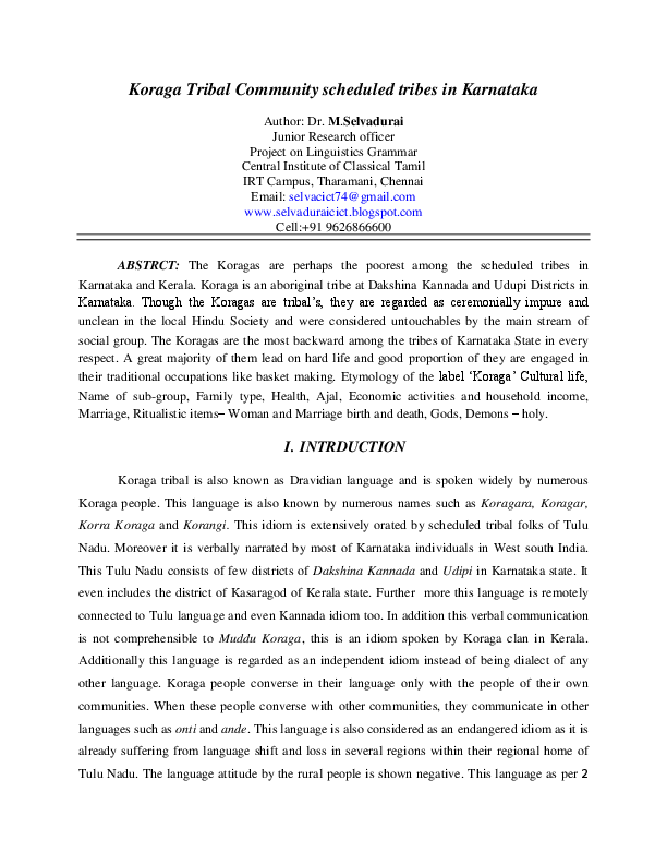 (DOC) Koraga Tribal Community scheduled tribes in Karnataka
