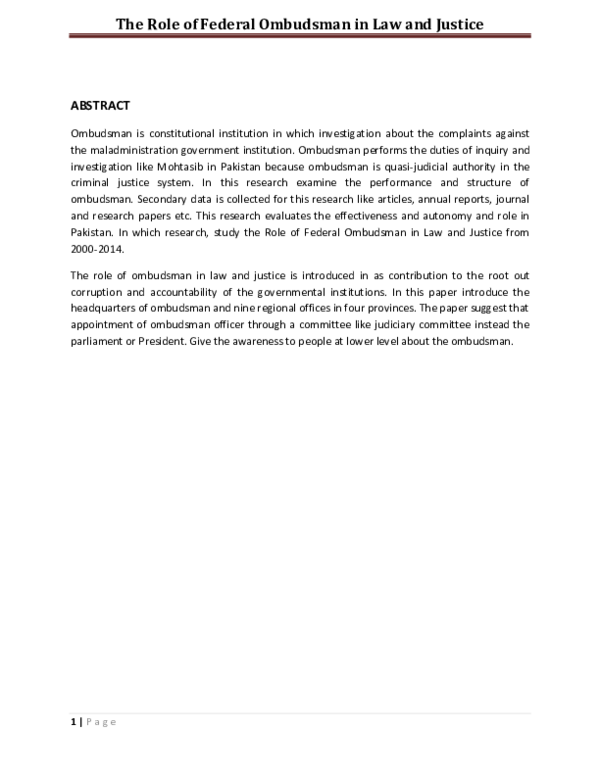 (DOC) The Role of Federal Ombudsman in Law and Justice