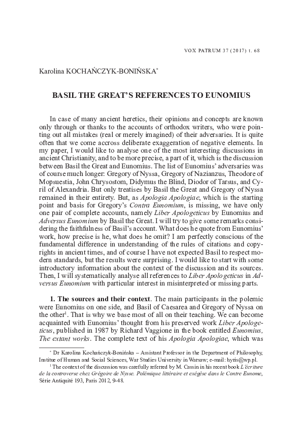 (PDF) BASIL THE GREAT’S REFERENCES TO EUNOMIUS