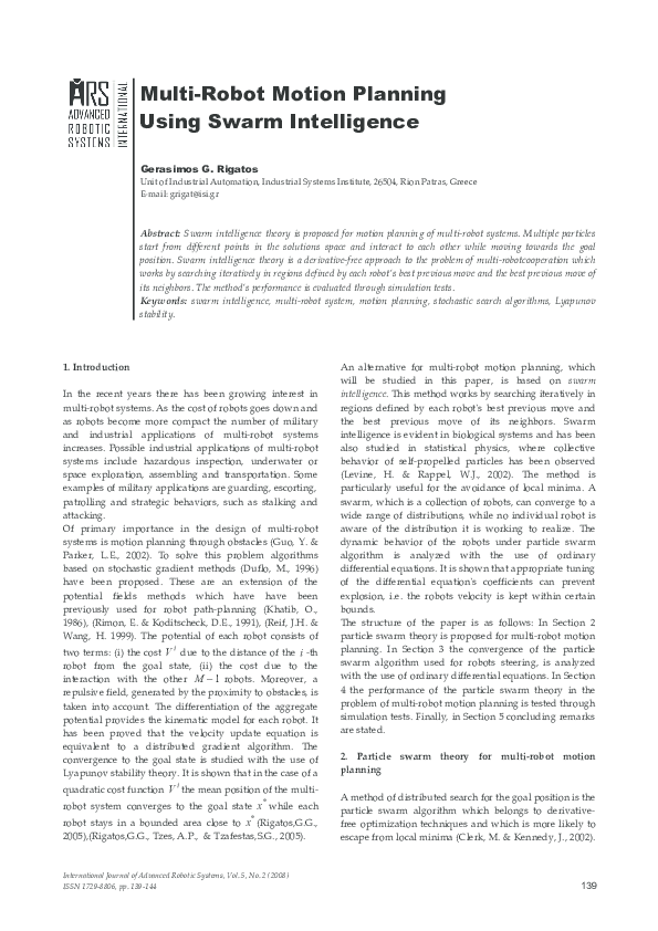Pdf Multi Robot Motion Planning Using Swarm Intelligence