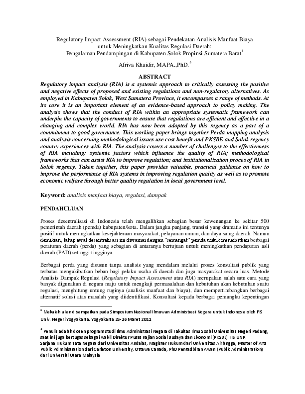 (PDF) Regulatory Impact Assessment (RIA) sebagai Pendekatan Analisis Manfaat Biaya untuk ...