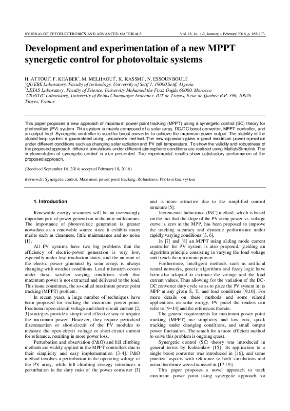 (PDF) Development and experimentation of a new MPPT synergetic control for photovoltaic systems