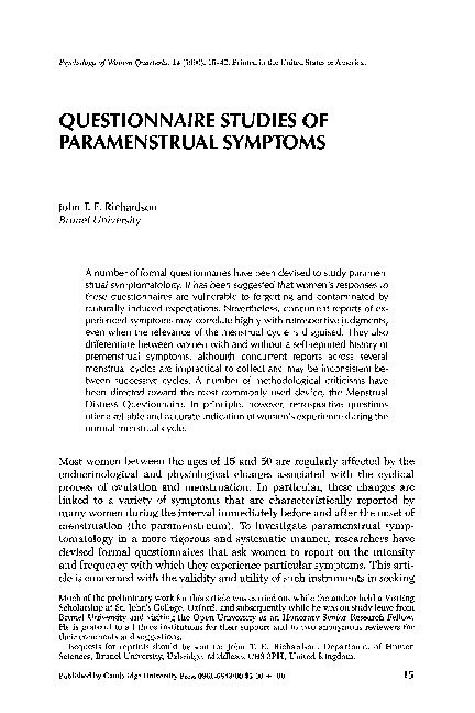 (PDF) Questionnaire Studies of Paramenstrual Symptoms