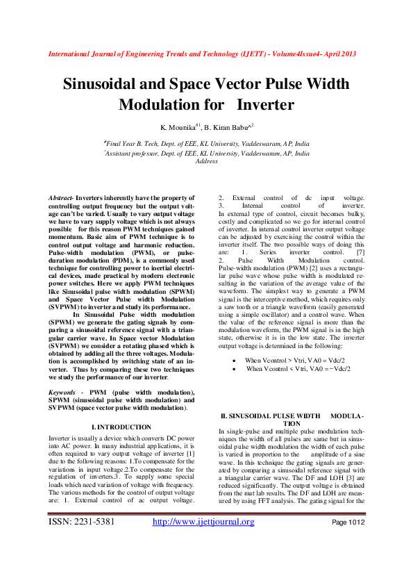 Pdf Sinusoidal And Space Vector Pulse Width Modulation For Inverter