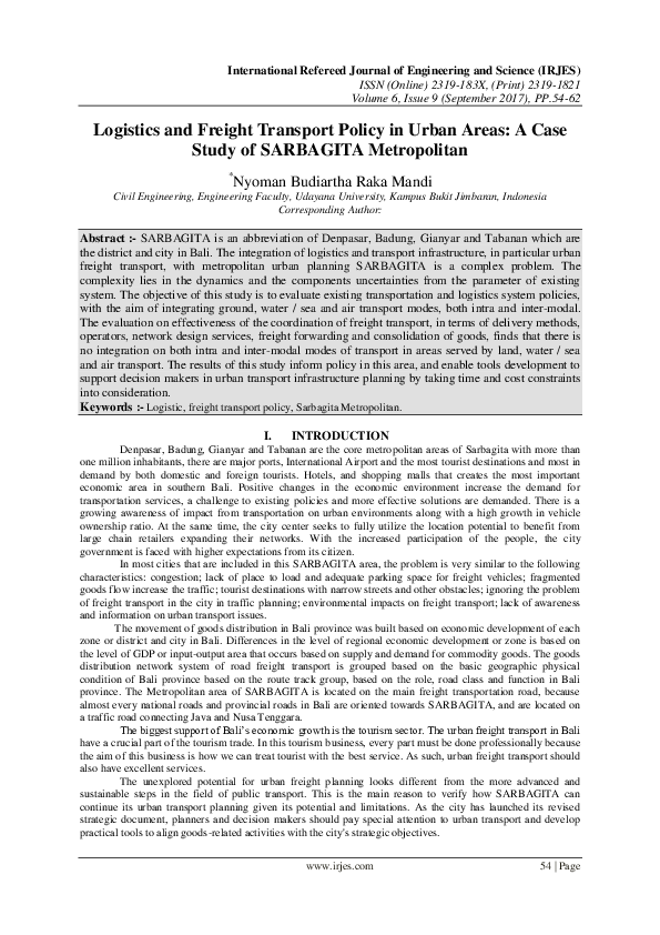 (PDF) Logistics and Freight Transport Policy in Urban Areas: A Case ...