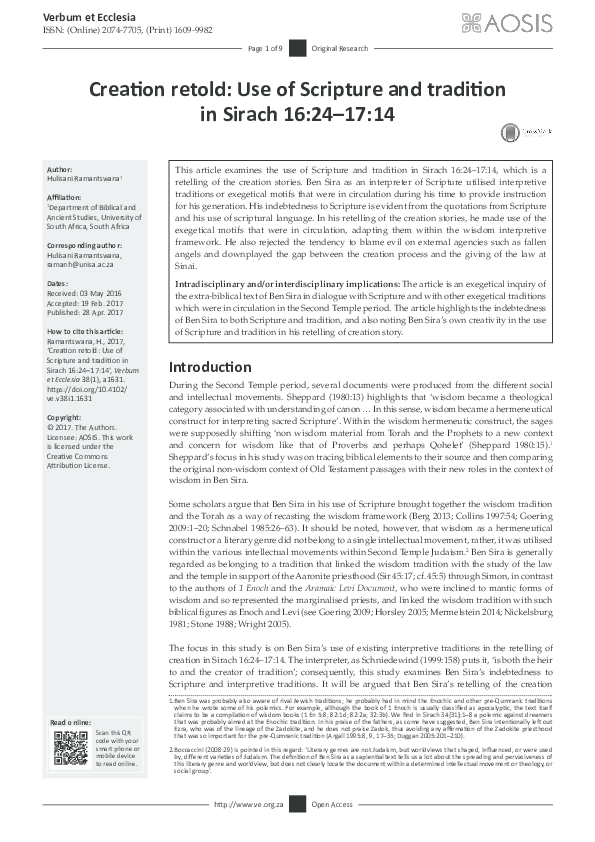 (PDF) Creation retold: Use of Scripture and tradition in Sirach 16:24-17:14