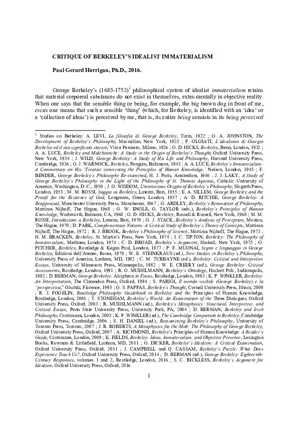 (PDF) Critique of Berkeley's Idealist Immaterialism