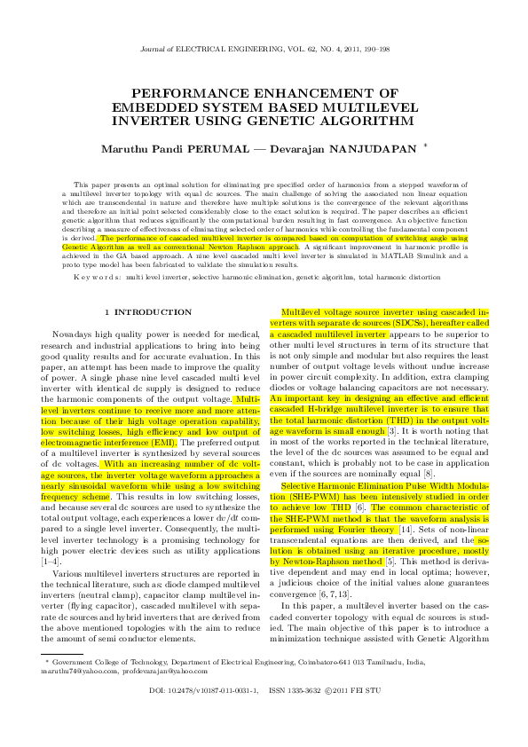 Pdf Performance Enhancement Of Embedded System Based Multilevel Inverter Using Genetic Algorithm