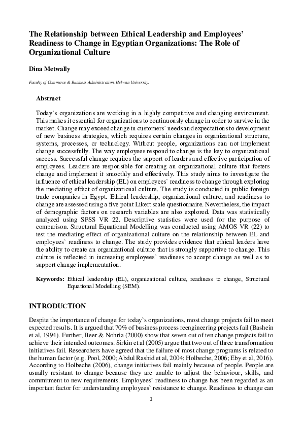 (DOC) The Relationship between Ethical Leadership and Employees' Readiness to Change in Egyptian ...