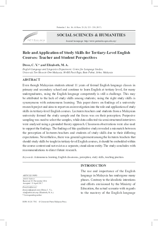 (PDF) Role and Application of Study Skills for Tertiary-Level English ...