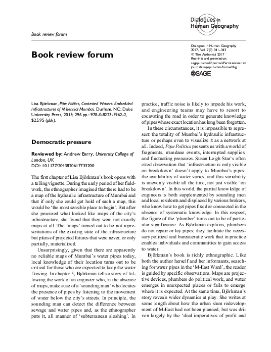 (PDF) Andrew Barry's review of Pipe Politics: "Democratic Pressure"